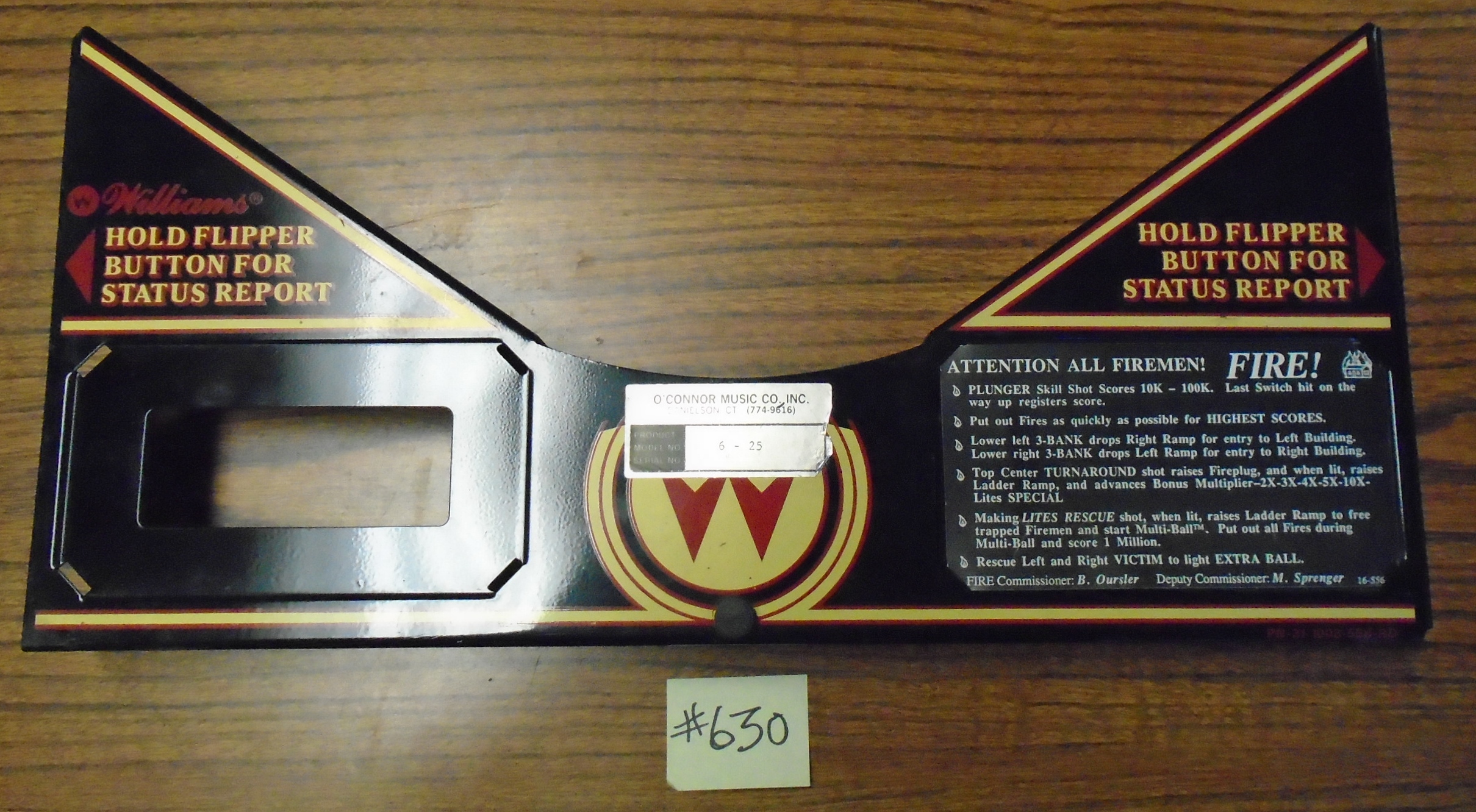 Fire Pinball Machine Game Apron #630 for sale by Williams - FREE ...